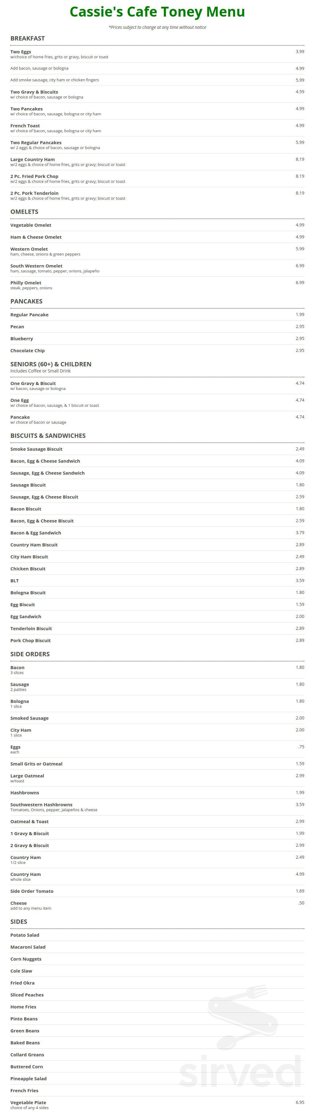 Menu for Cassie's Cafe in Ardmore, AL | Sirved