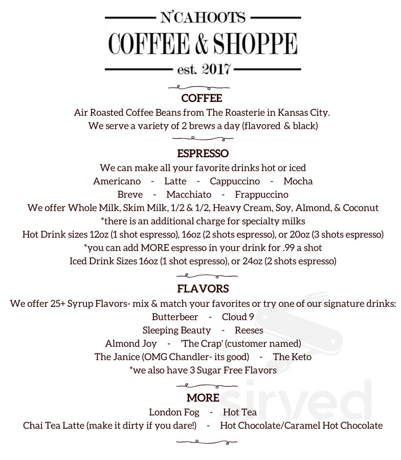 Menu - Pratt KS's N'Cahoots Coffee & Shoppe | Sirved
