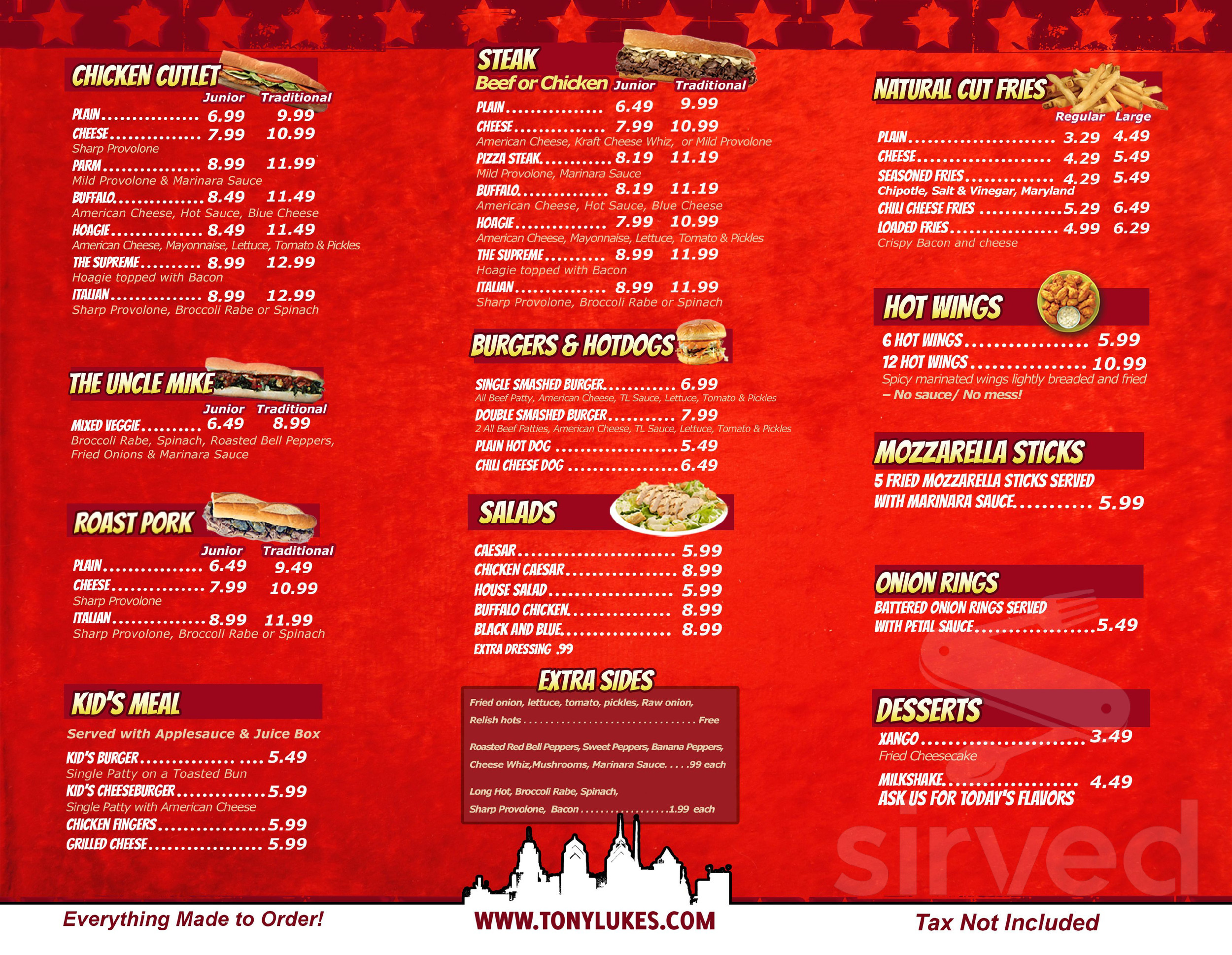 Tony Luke's menu in Ocean City, Maryland, USA
