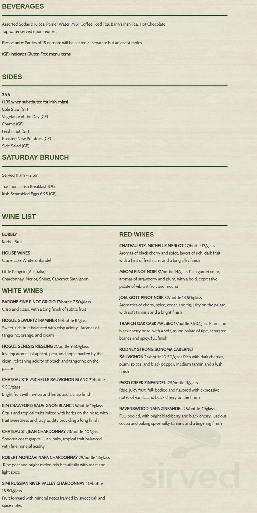 Menu - Louisville KY's The Irish Rover | Sirved