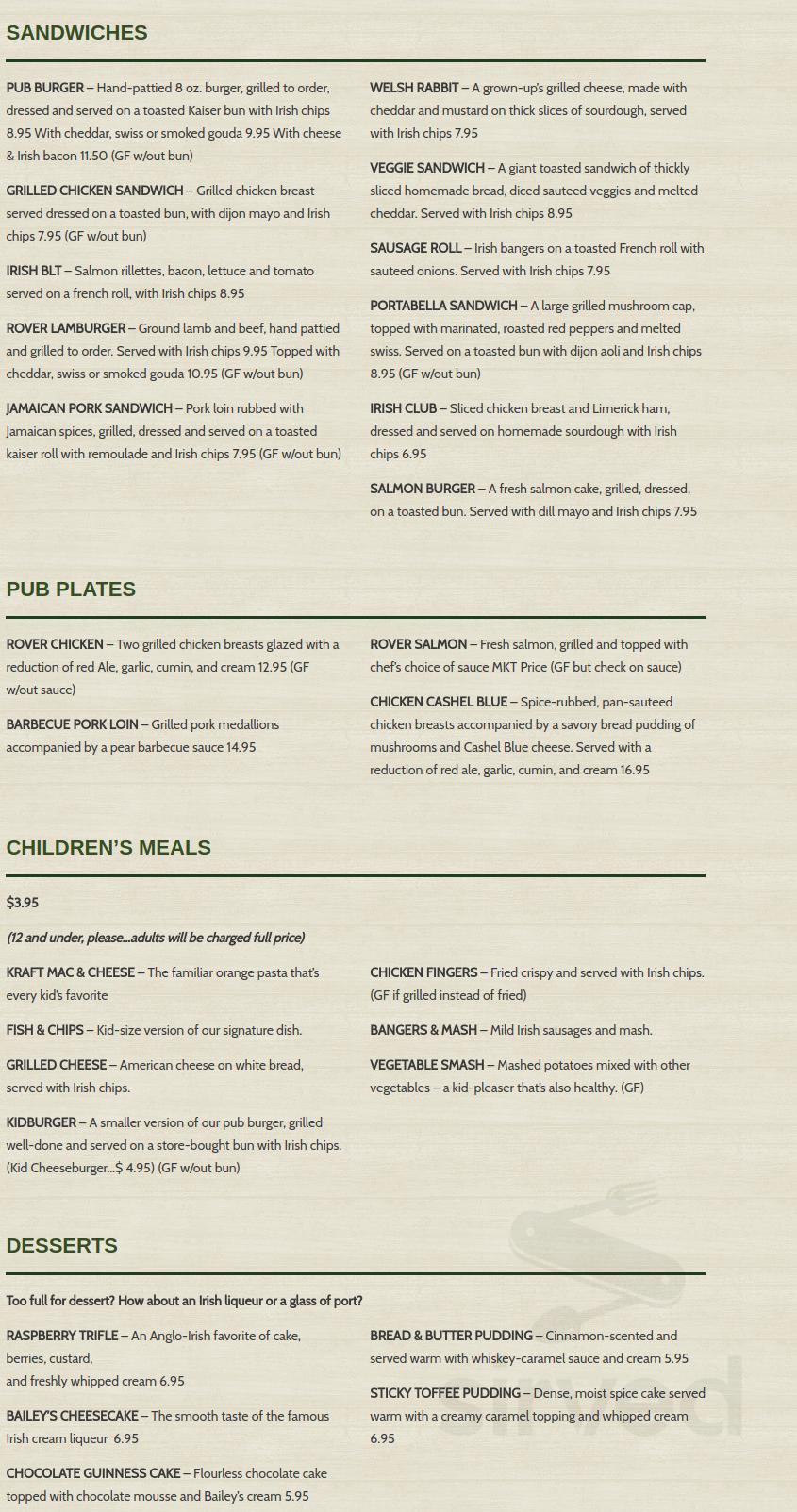 Menu - Louisville KY's The Irish Rover | Sirved