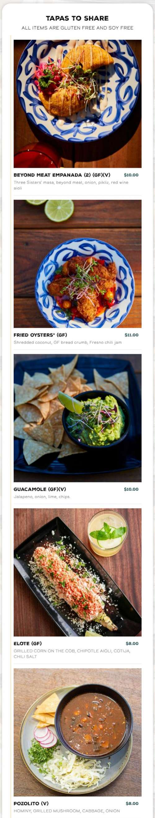 Mestizo menu in Portland, Oregon, USA