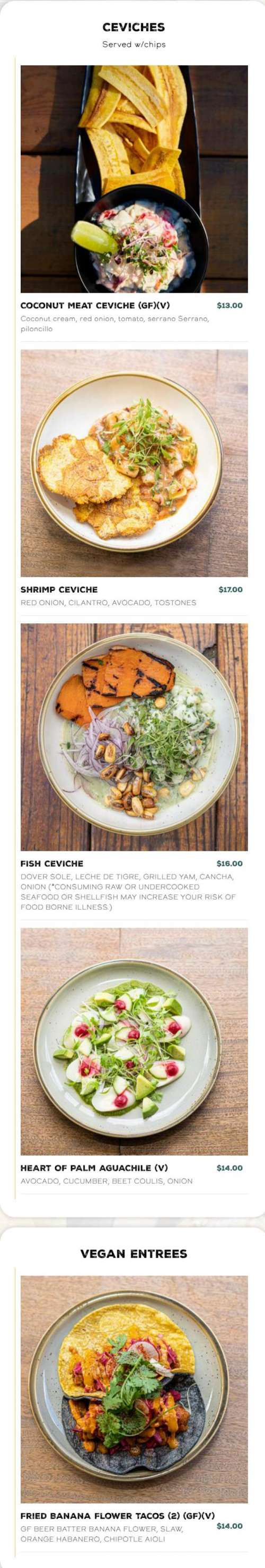 Mestizo menu in Portland, Oregon, USA