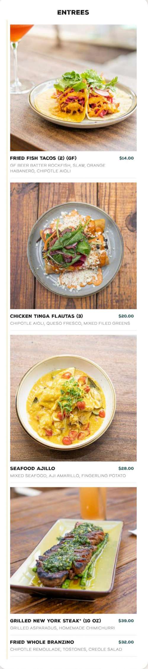 Mestizo menu in Portland, Oregon, USA