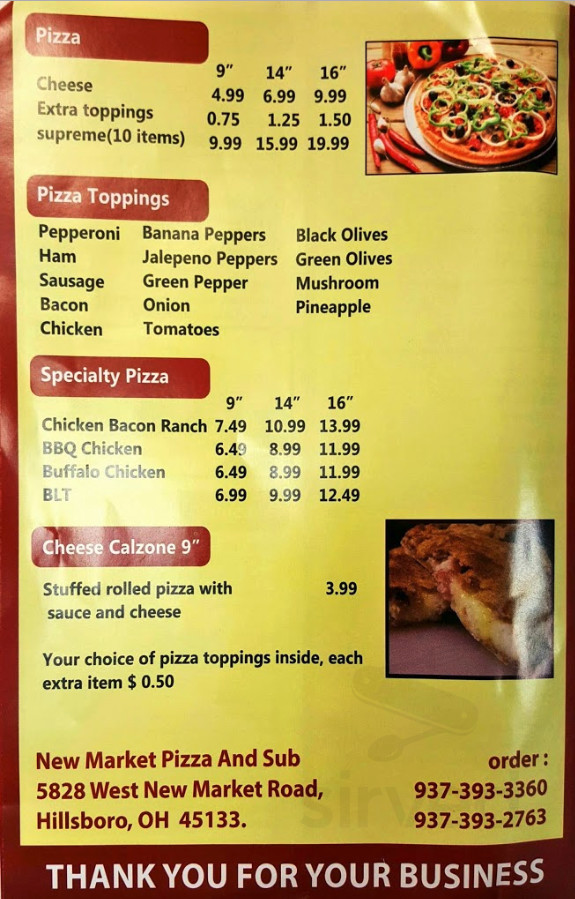 New Market Pizza menu in Hillsboro, Ohio, USA