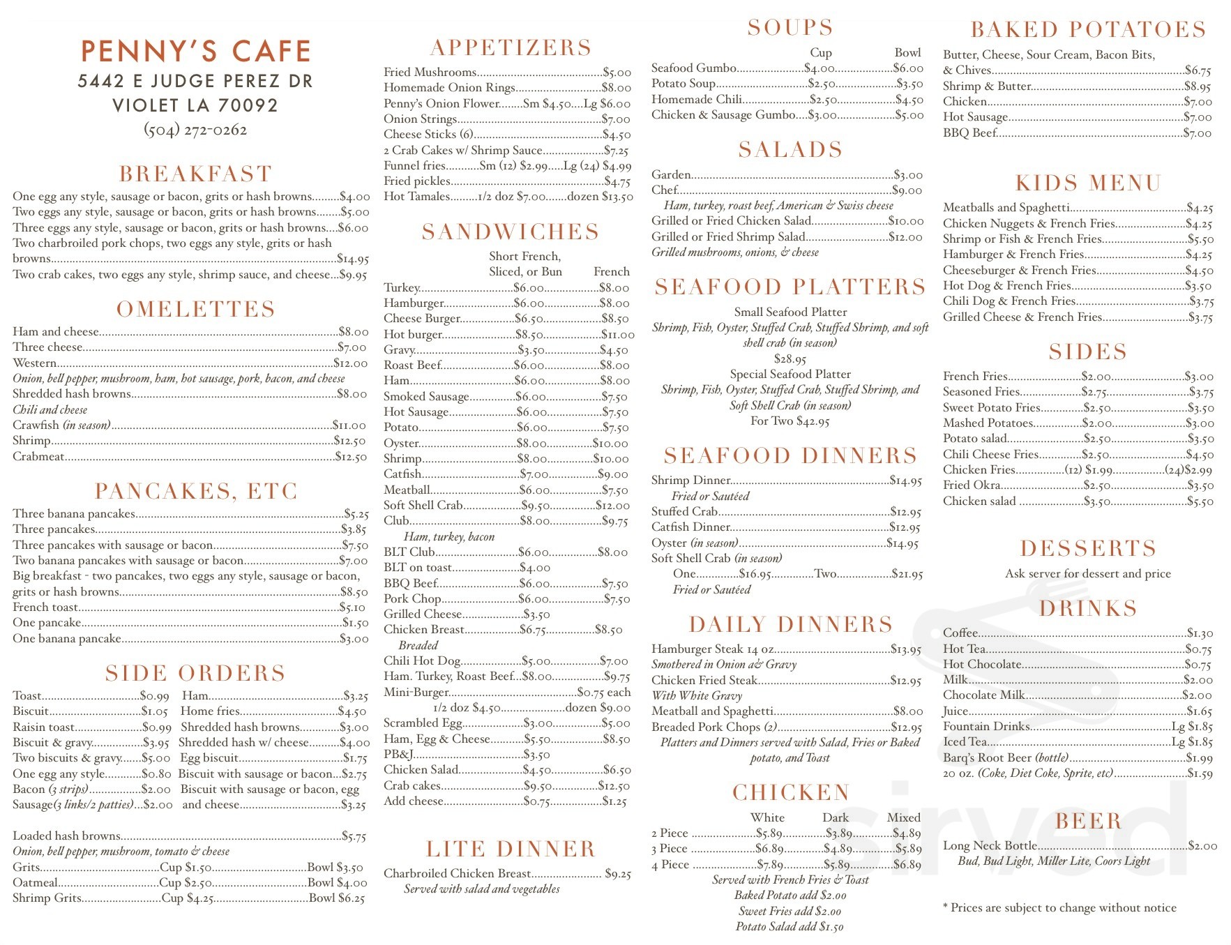 Penny's Cafe menu in Violet, Louisiana, USA