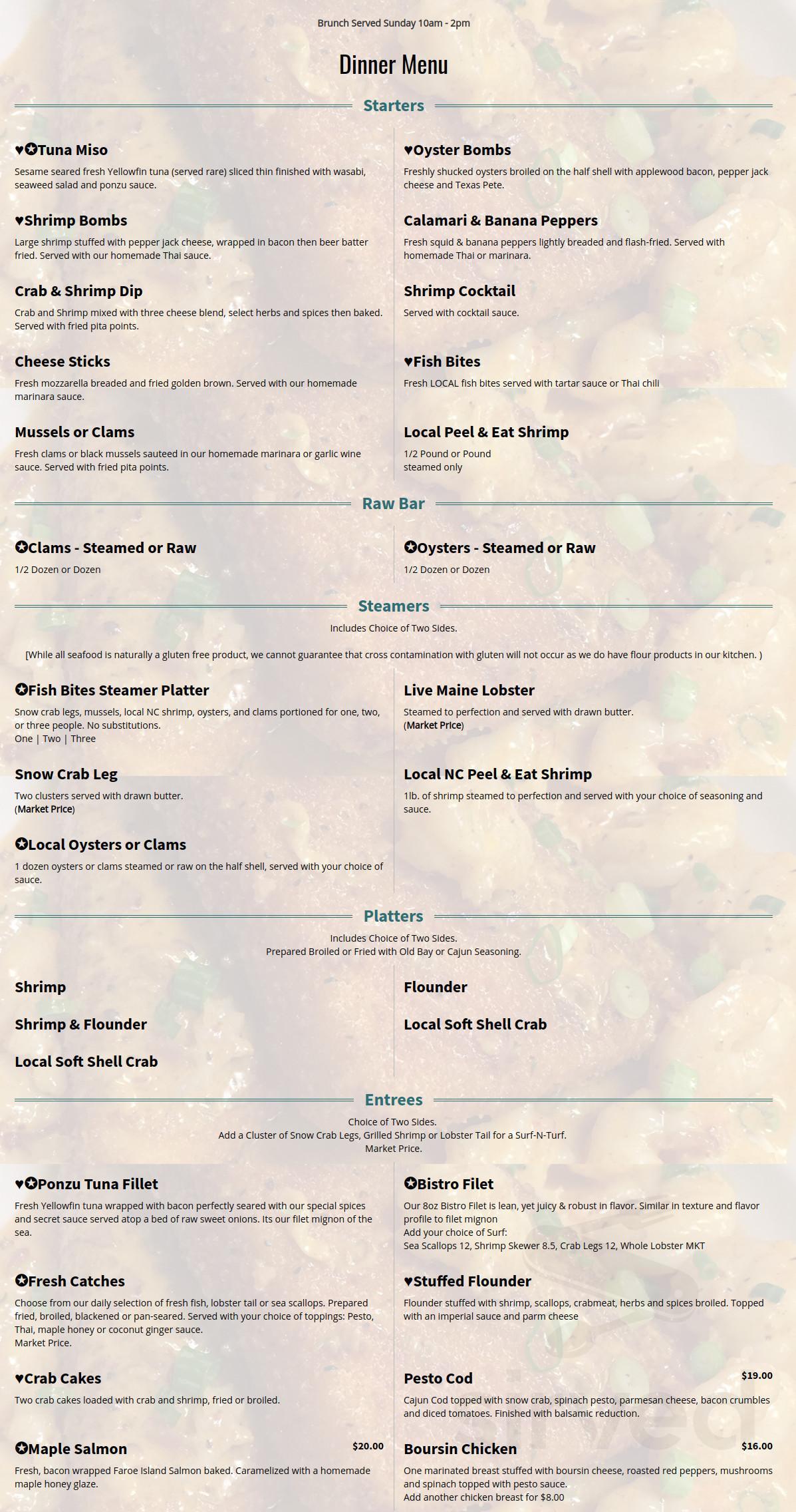 Fish Bites Seafood Restaurant menu in Wilmington, North Carolina, USA