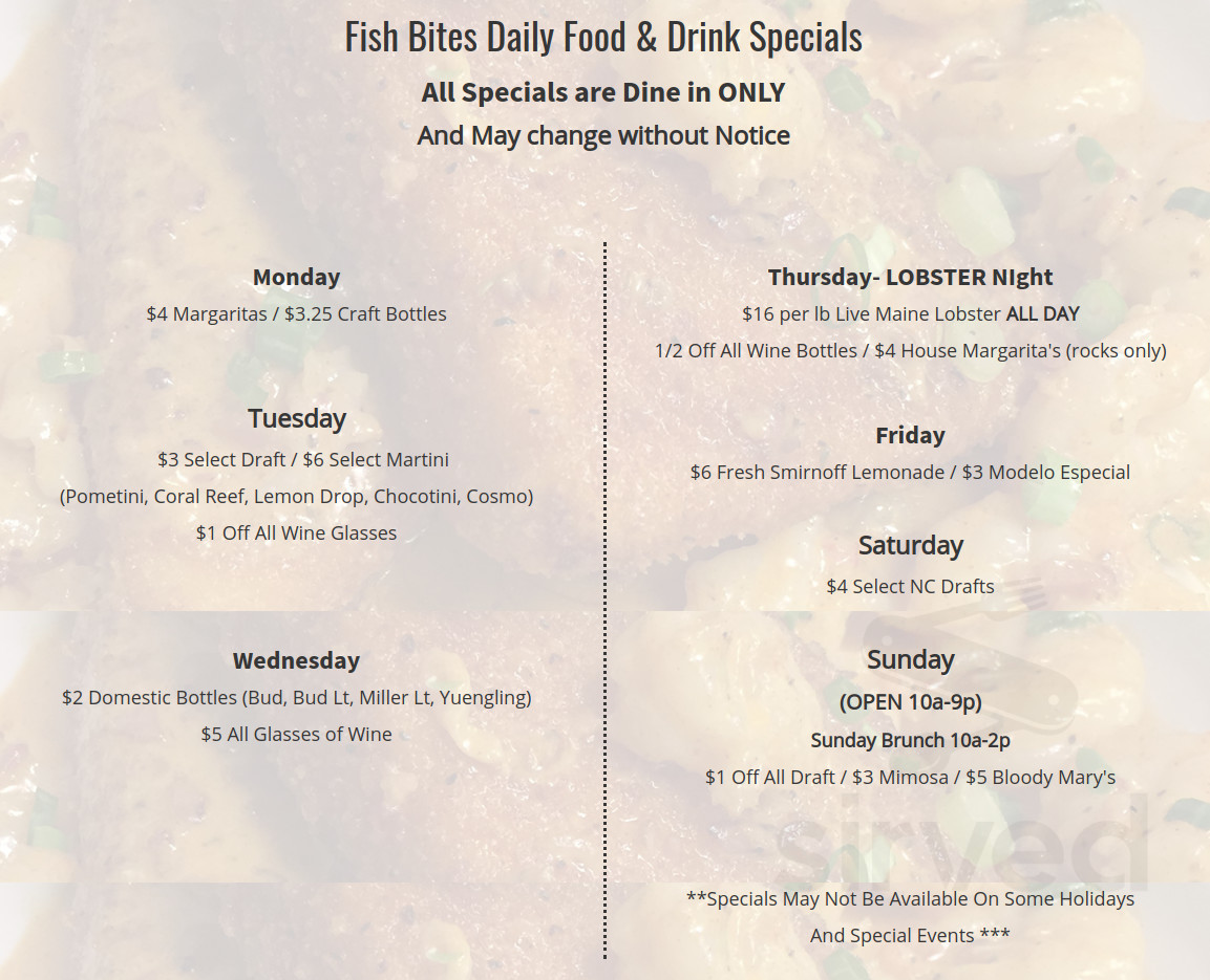 Fish Bites Seafood Restaurant menu in Wilmington, North Carolina, USA