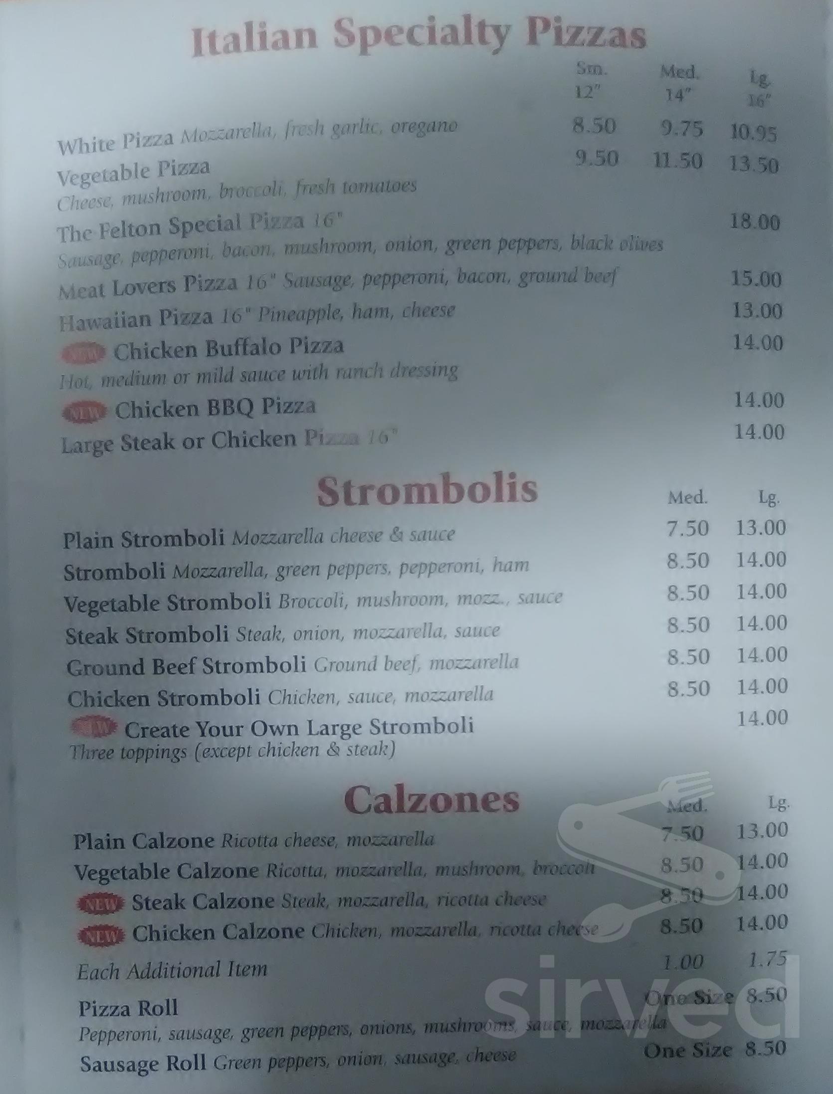 Felton Pizza menu in Felton, Delaware, USA