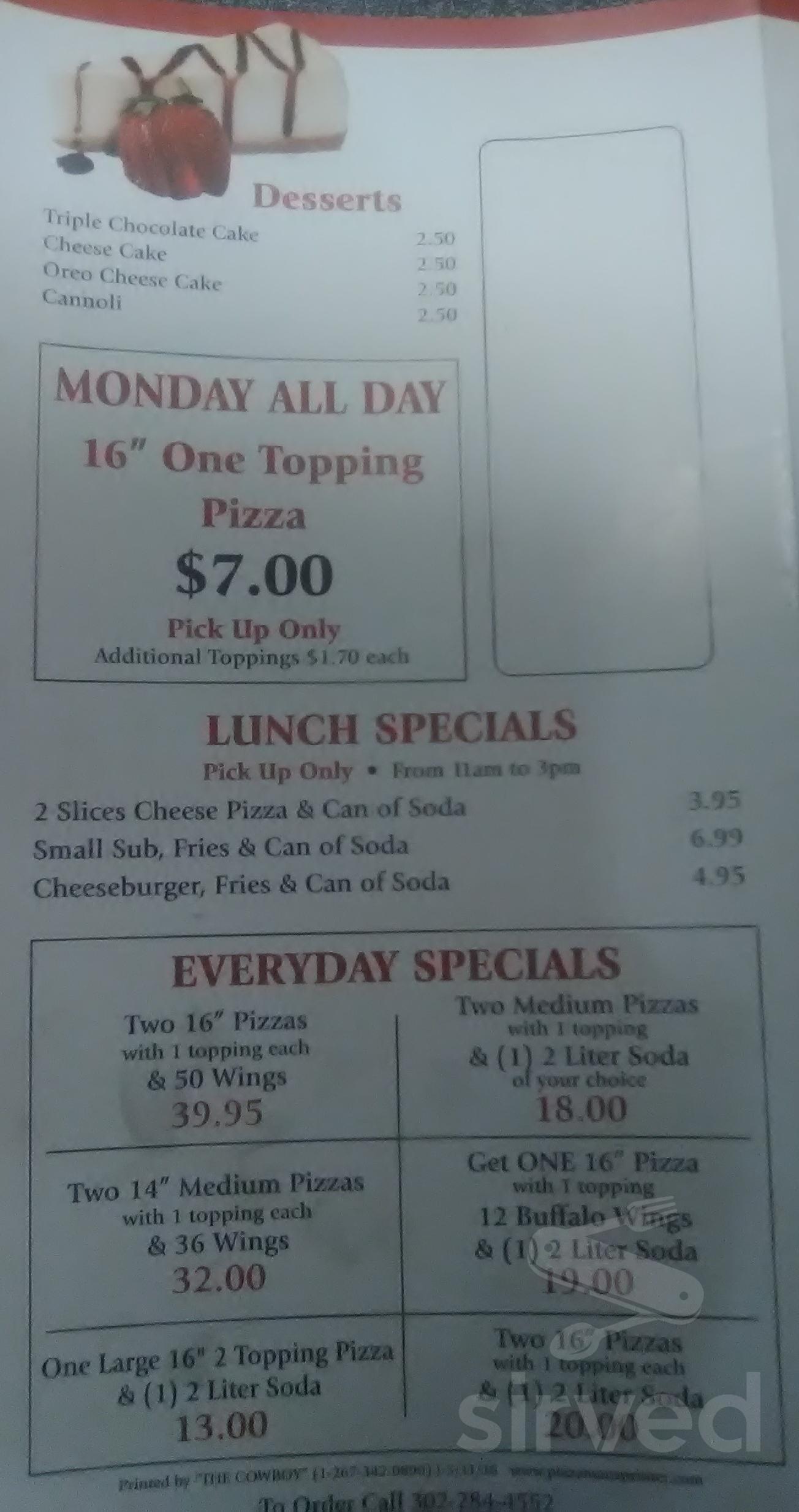 Felton Pizza menu in Felton, Delaware, USA