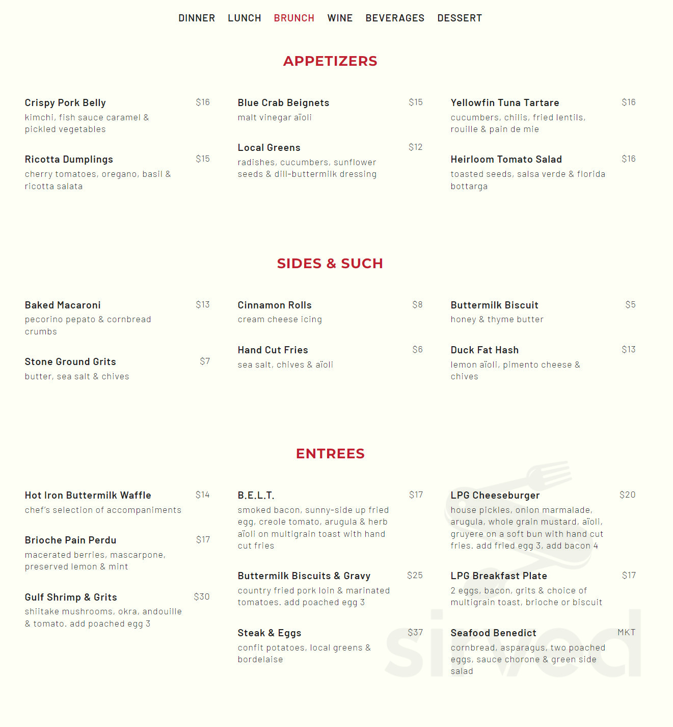 Menu for La Petite Grocery in New Orleans, LA | Sirved