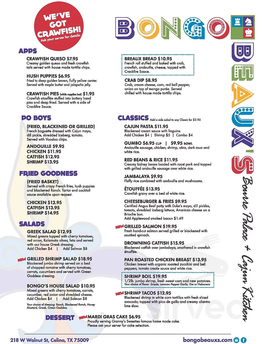 Bongo Beaux's Bourre Palace & Cajun Kitchen menu in Celina, Texas, USA