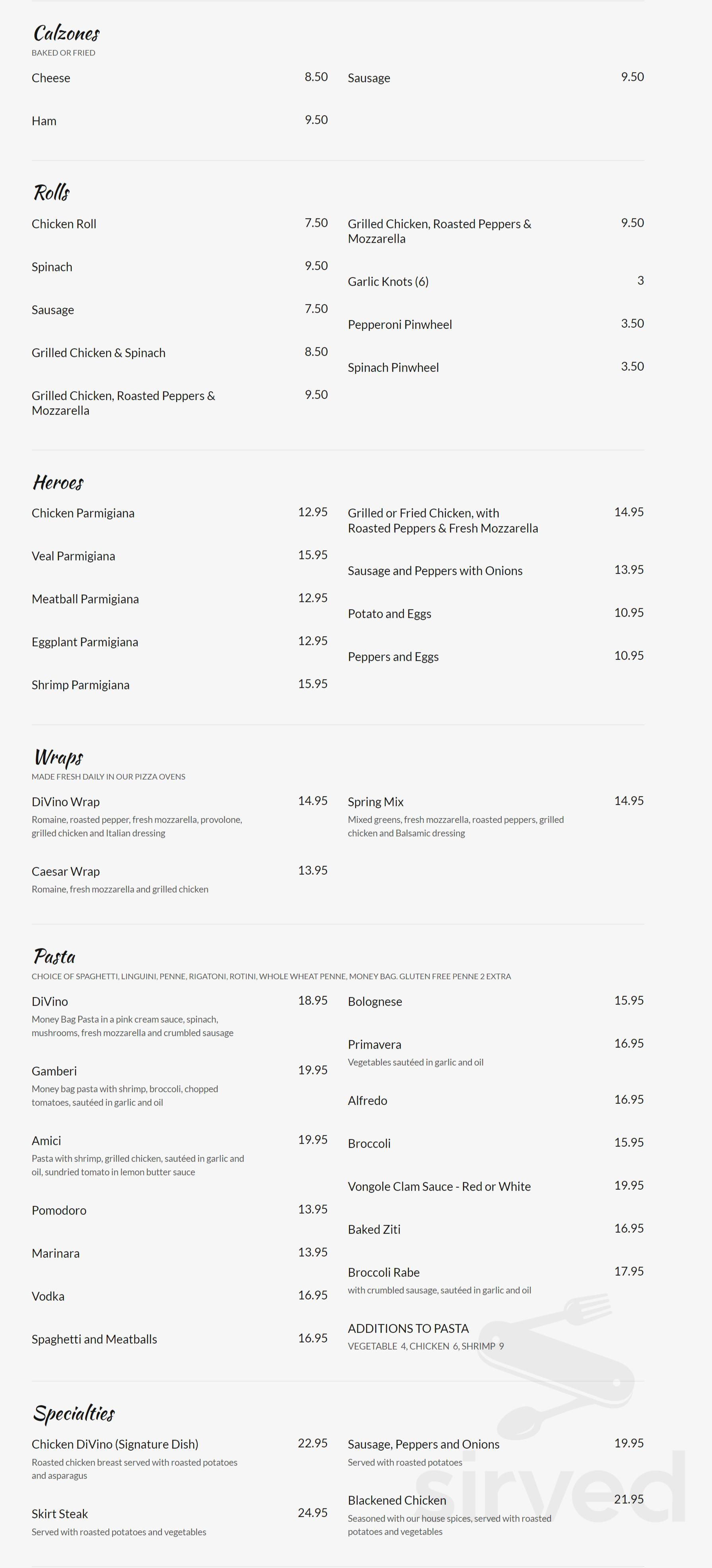 Menu - Queens NY's DiVino Pizzeria Restaurant | Sirved