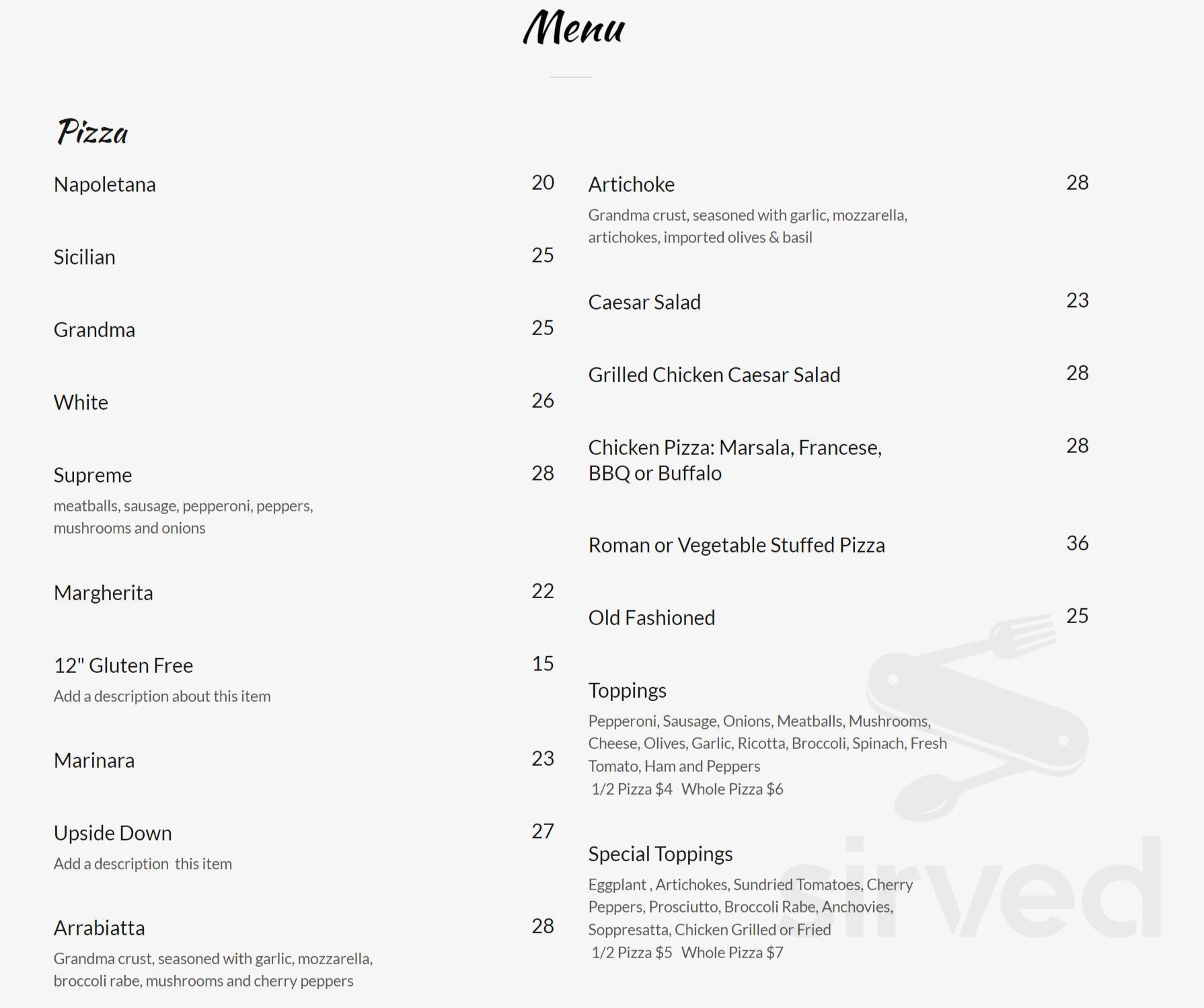 Menu - Queens NY's DiVino Pizzeria Restaurant | Sirved