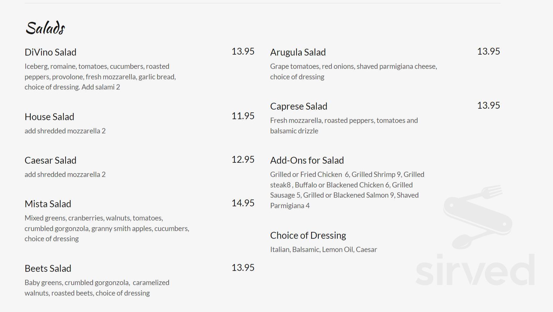 Menu - Queens NY's DiVino Pizzeria Restaurant | Sirved