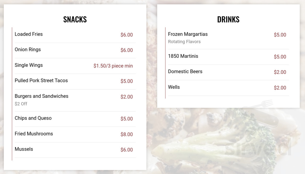 1850 Bar and Grill menu in Cedar Park, Texas, USA