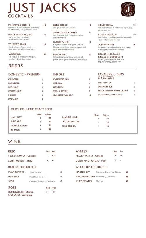 Just Jacks menu in Olds, Alberta, Canada