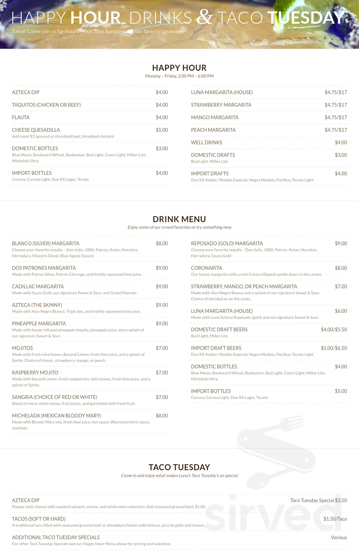 Luna Azteca Mexican Grill menus in Kansas City, Missouri, United States