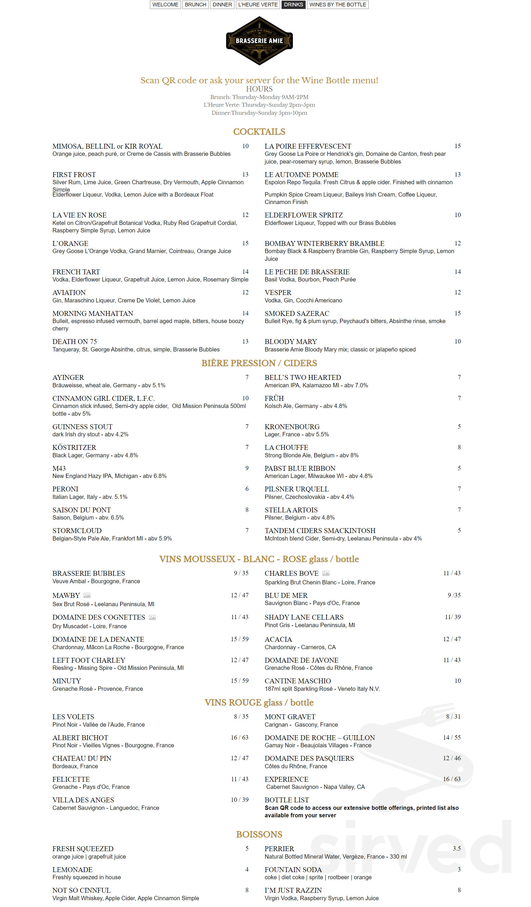 Brasserie Amie menu in Traverse City, Michigan, USA