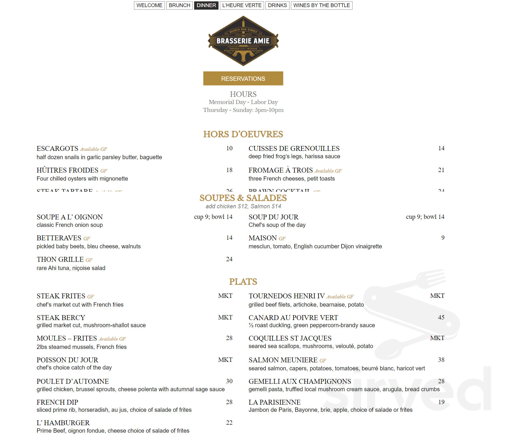 Brasserie Amie menu in Traverse City, Michigan, USA