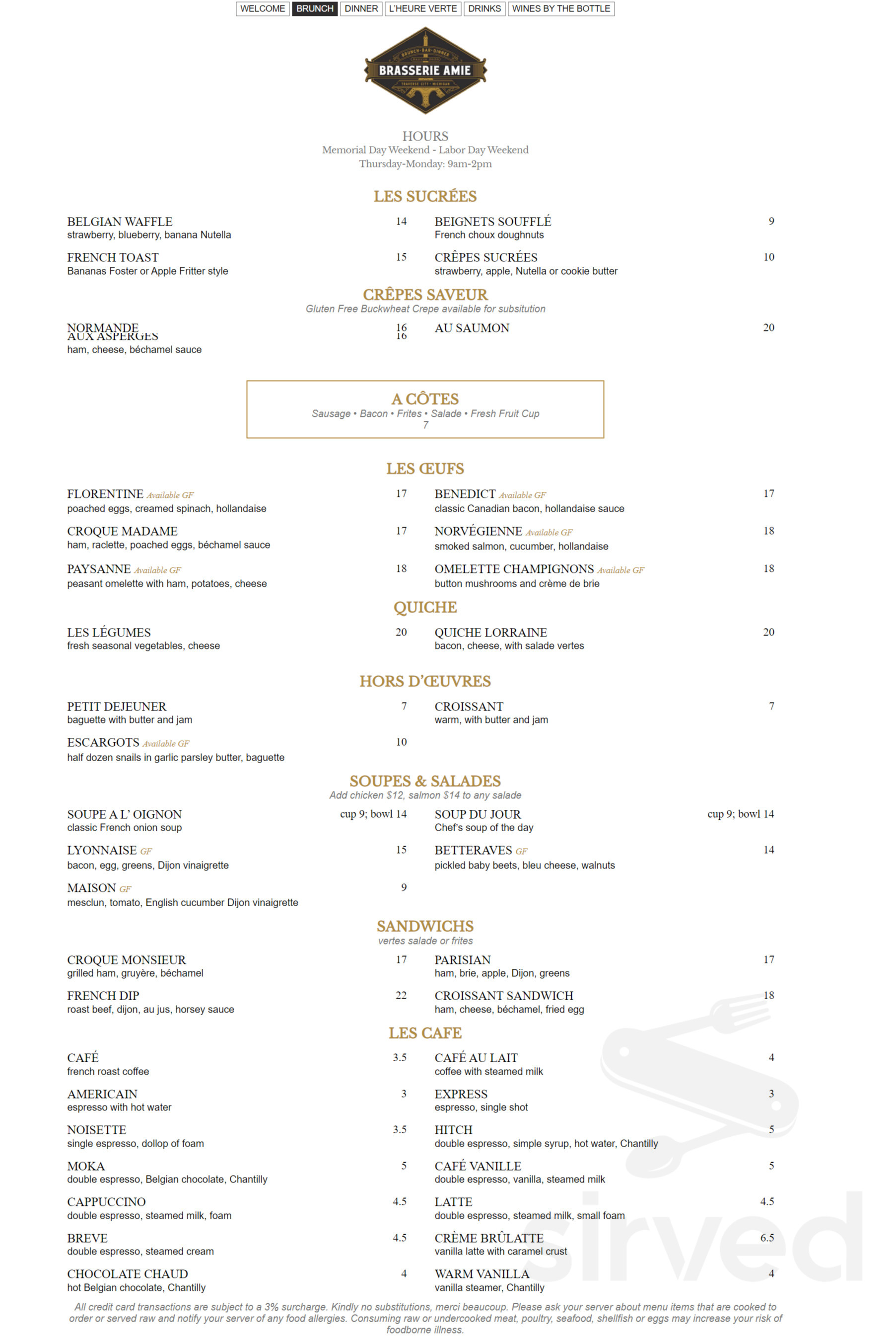 Brasserie Amie menu in Traverse City, Michigan, USA