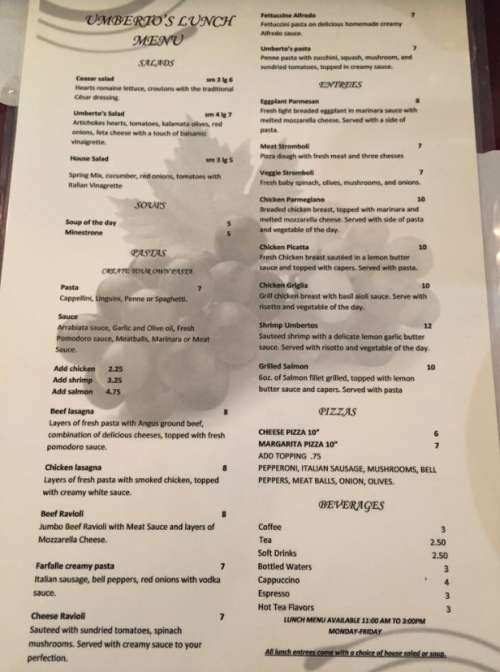 Umberto's Italian Grill menu in San Antonio, Texas, USA