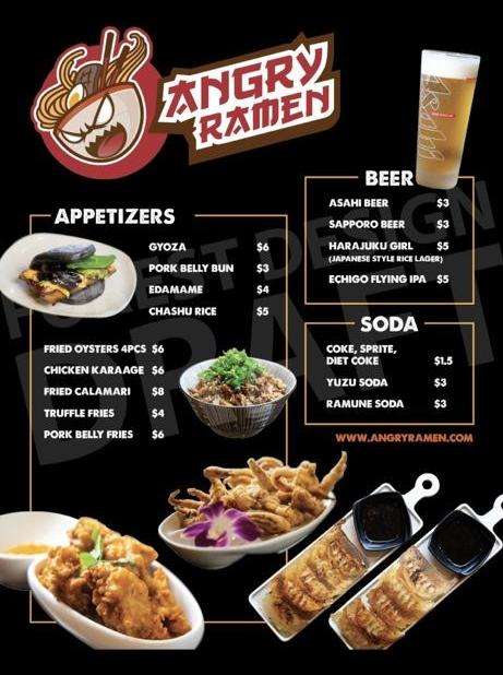 Angry Ramen menu in San Leandro, California, USA