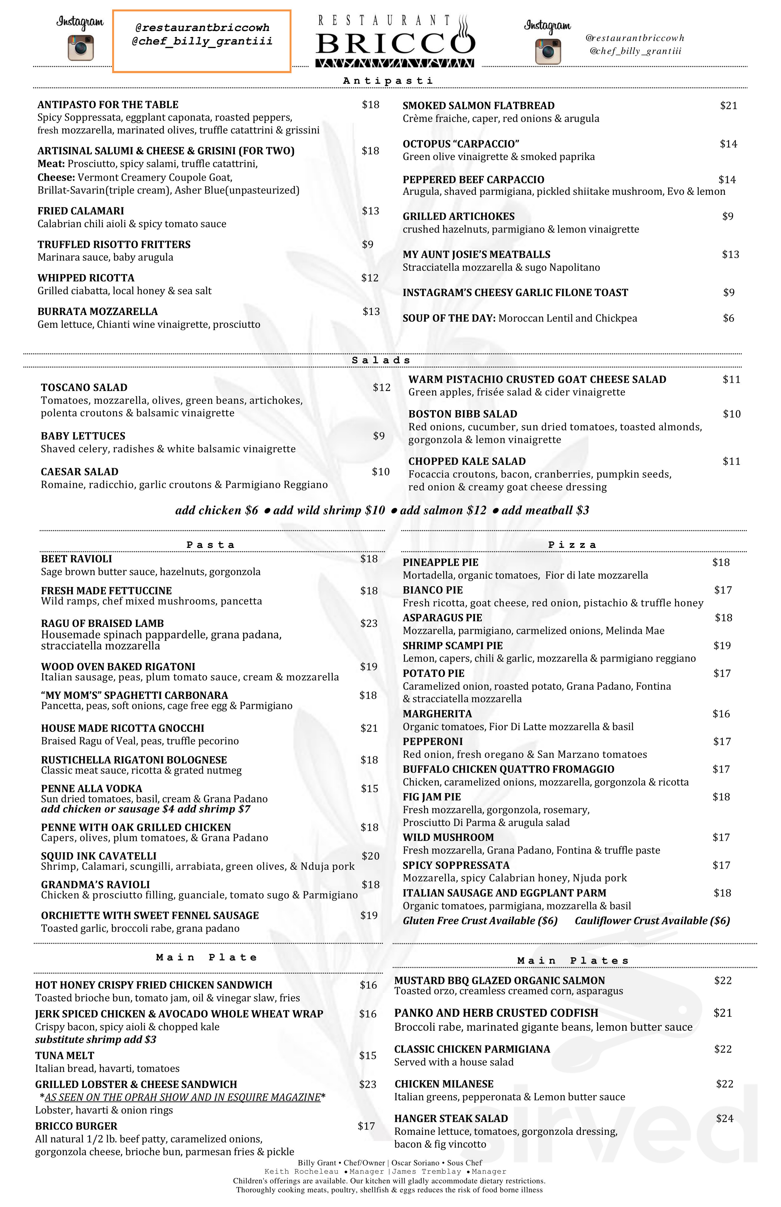 Menu for Restaurant Bricco in West Hartford, CT | Sirved