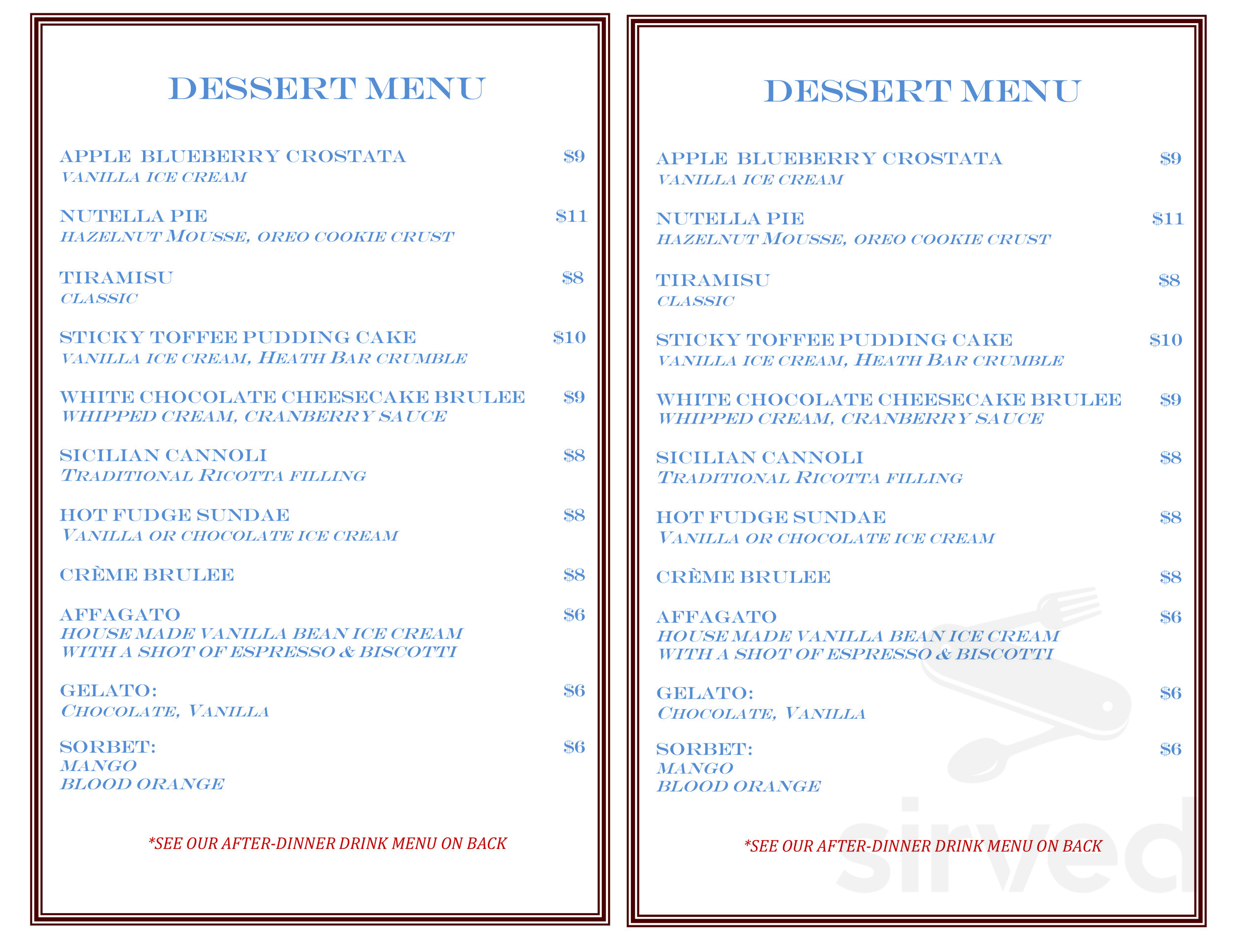 Menu for Restaurant Bricco in West Hartford, CT | Sirved