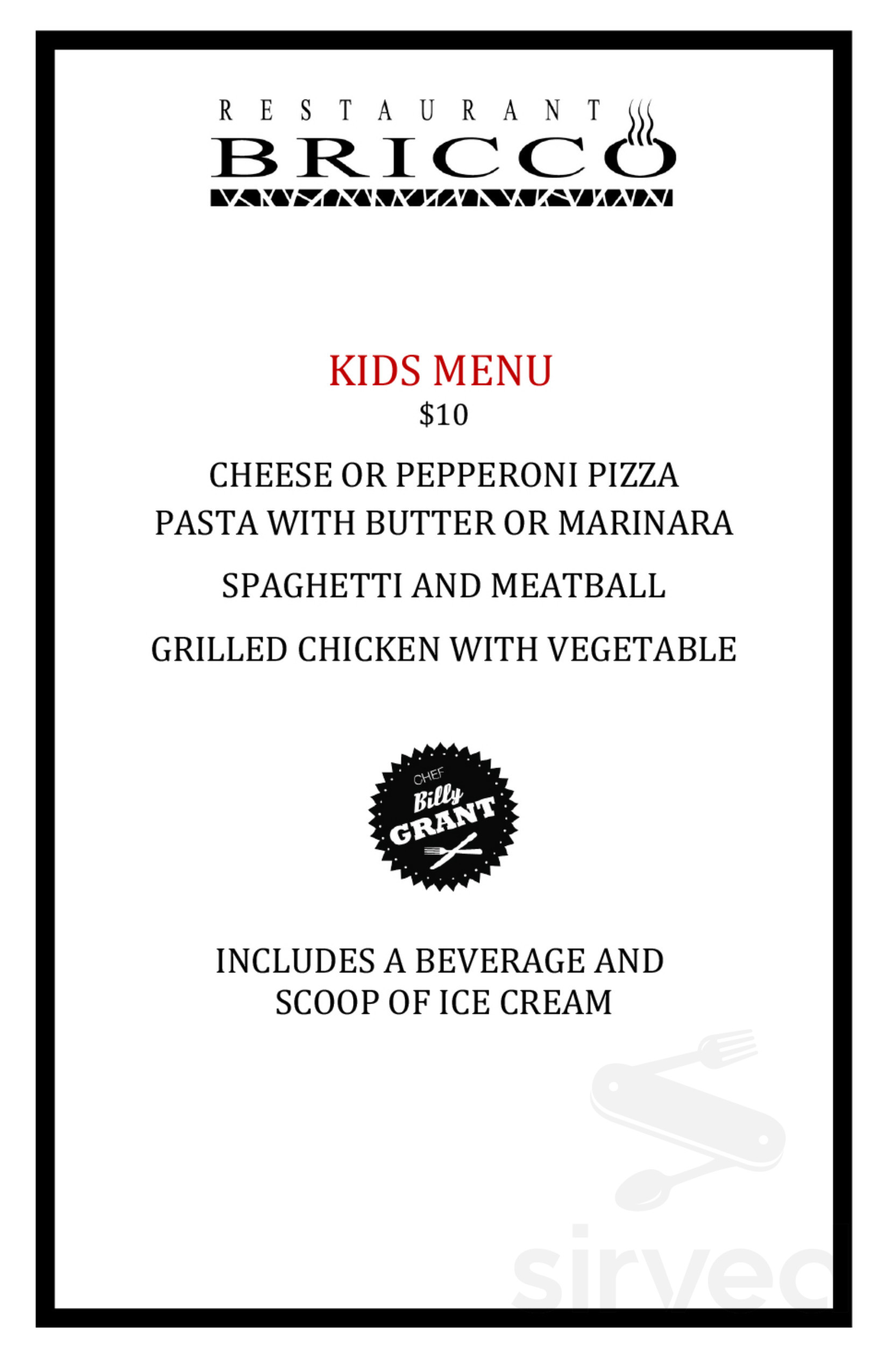 Menu for Restaurant Bricco in West Hartford, CT | Sirved
