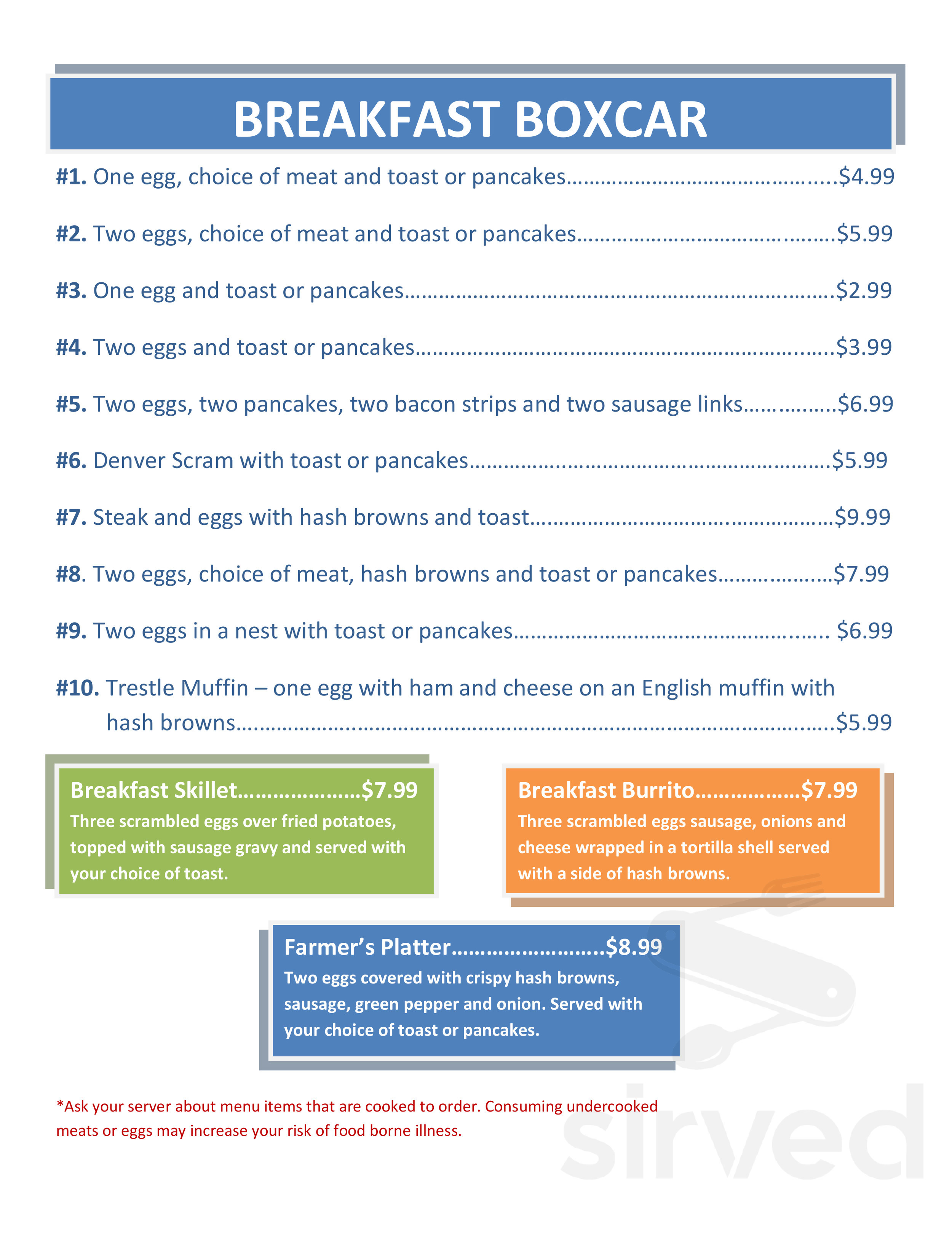 The Trestle Stop menu in Hamilton, Michigan, USA