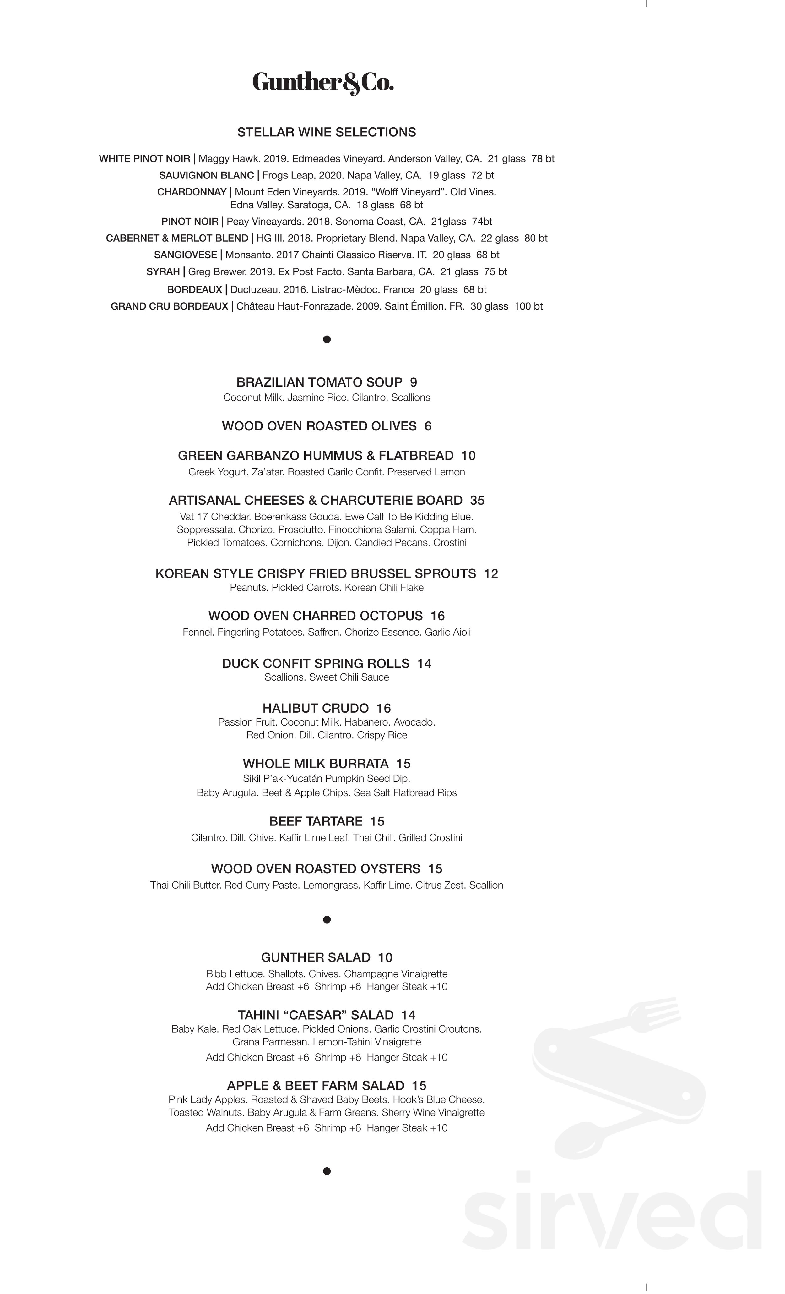 Gunther & Co. menu in Baltimore, Maryland, USA