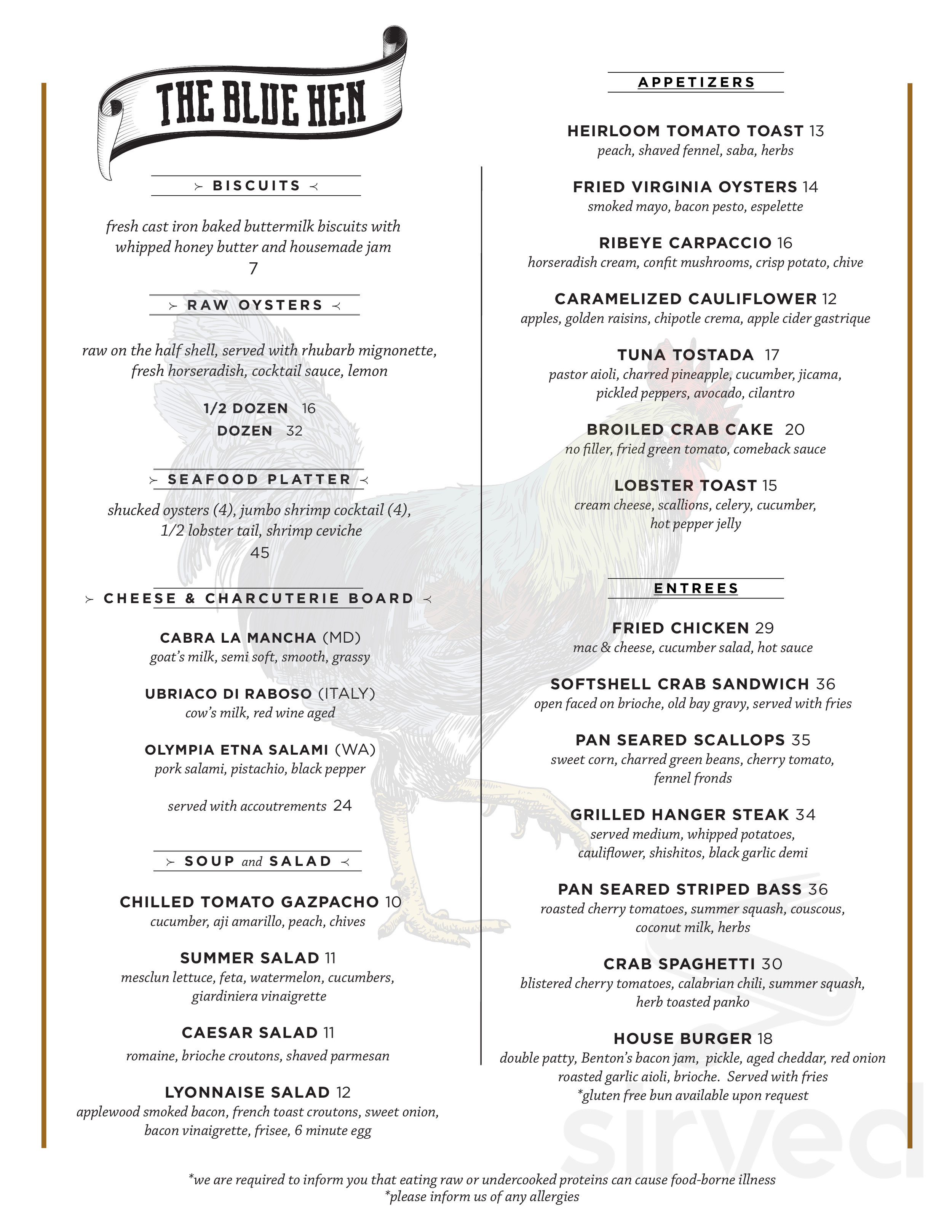 Menu - Rehoboth Beach DE's The Blue Hen | Sirved