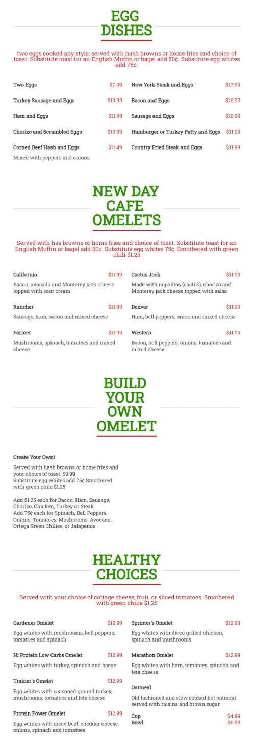 New Day Cafe menu in Aurora, Colorado, USA