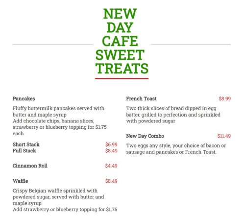 New Day Cafe menu in Aurora, Colorado, USA