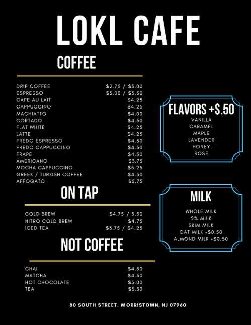 LOKL cafe menu in Morristown, New Jersey, USA