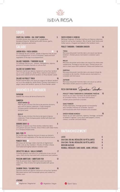 India Rosa menu in Montreal, Quebec H2J 1Y2, Canada