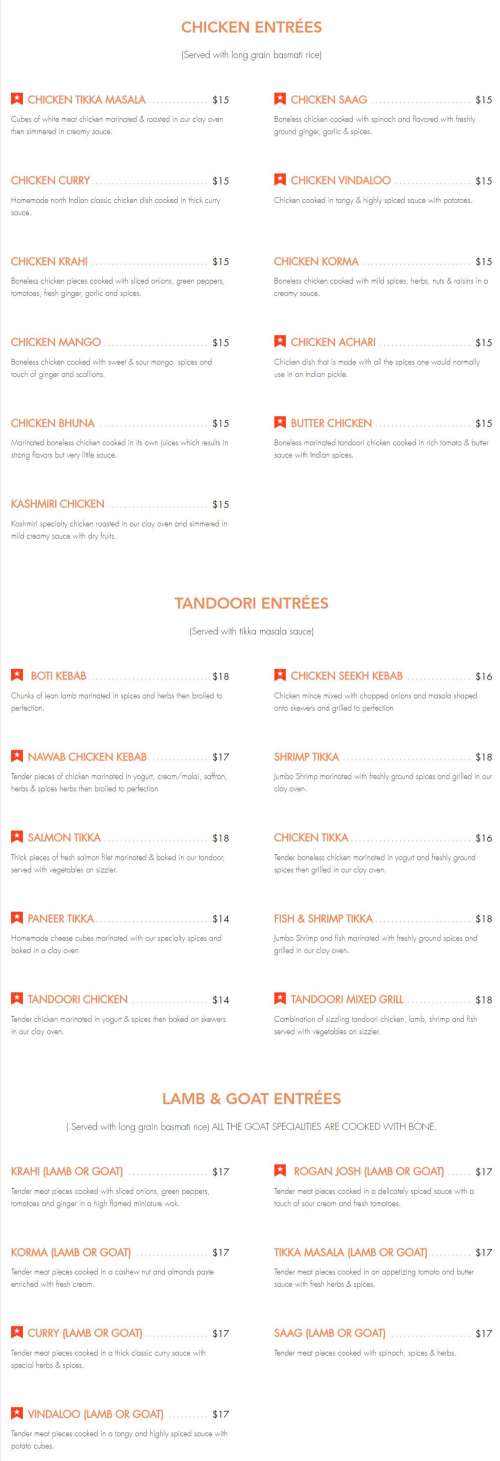 Nawab Indian Cuisine menu in Huntington, West Virginia, USA