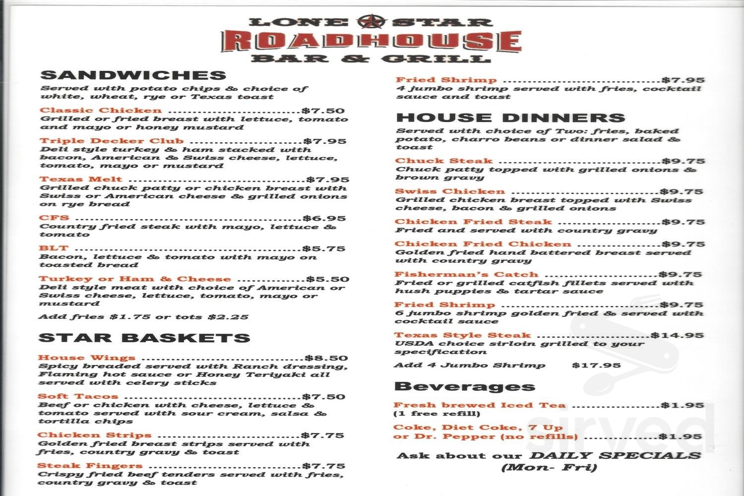 Menu - Dallas TX's LoneStar RoadHouse | Sirved