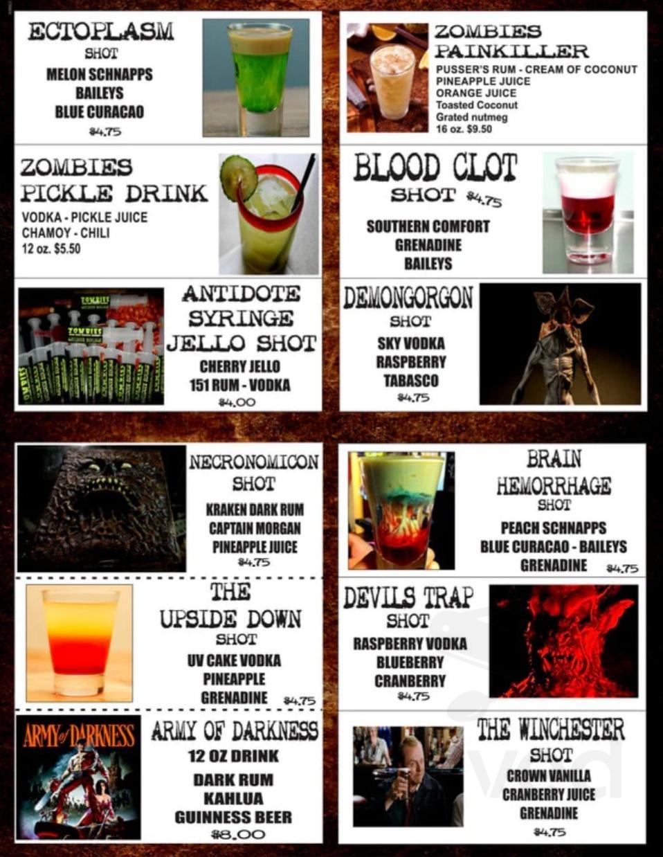 Zombies Bar menu in San Antonio, Texas, USA