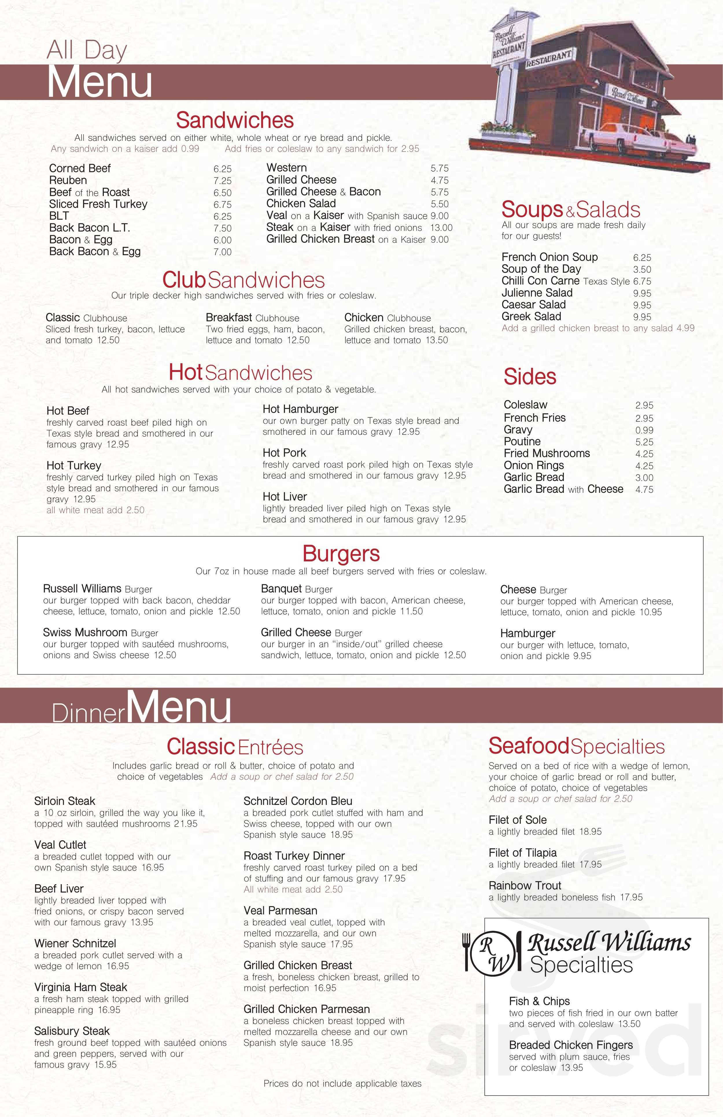 Menu for Russell Williams Family Restaurant in Burlington, ON | Sirved