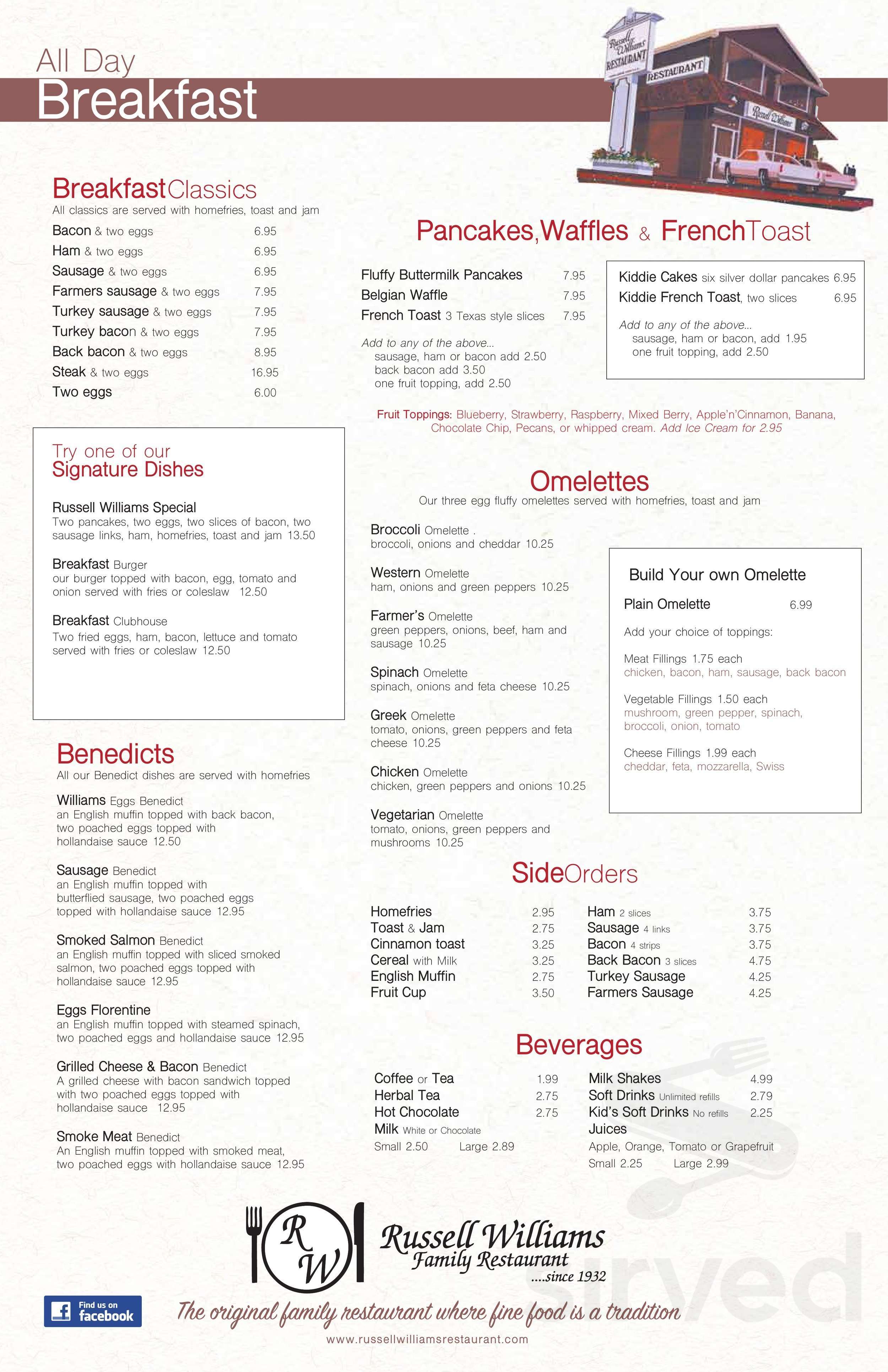 Russell Williams Family Restaurant menu in Burlington, Ontario, Canada