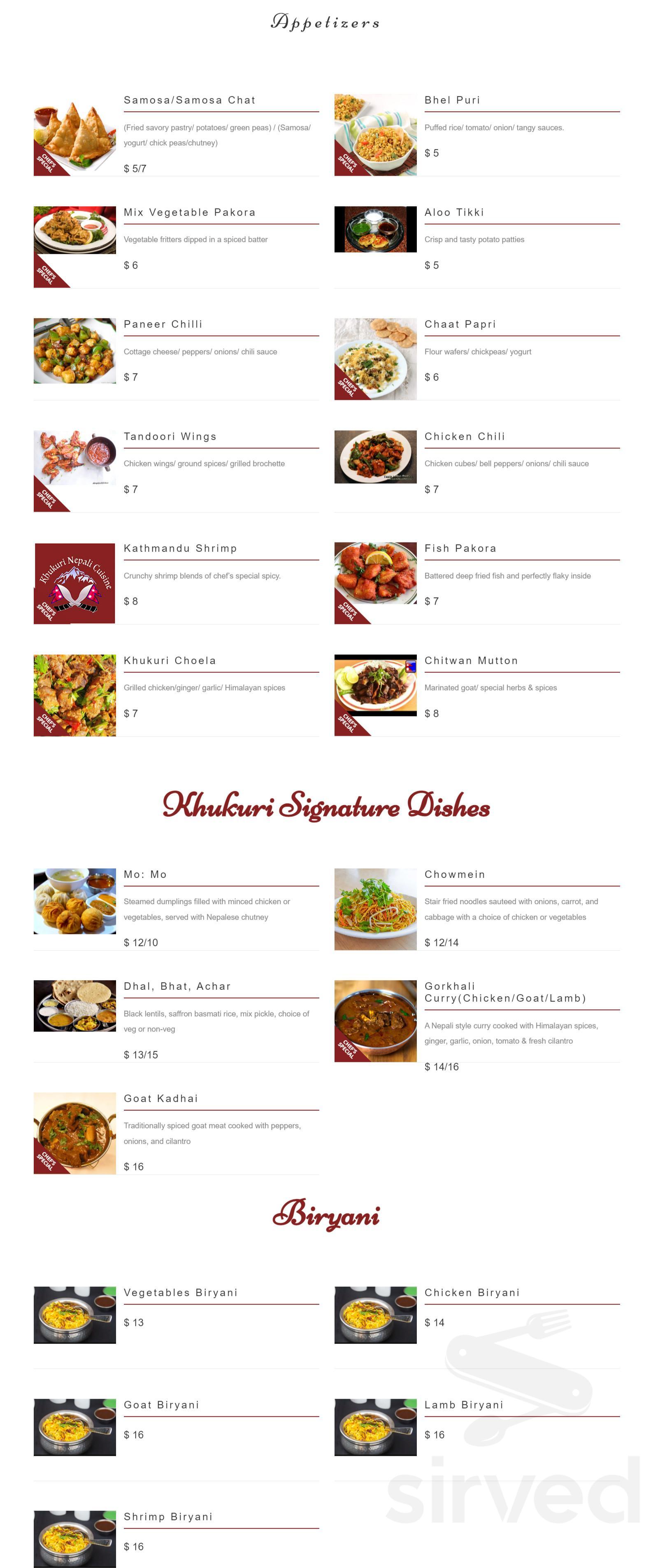 Khukuri Nepali Cuisine menu in Front Royal, Virginia, USA