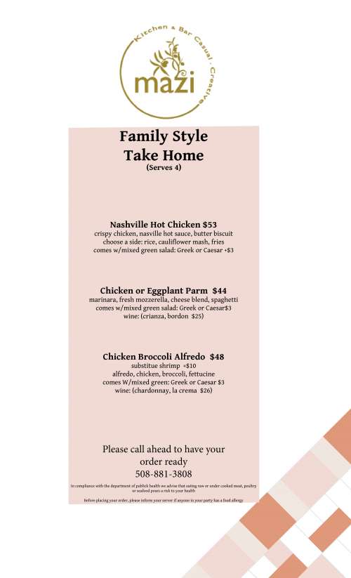 Mazi menu in Ashland, Massachusetts, USA