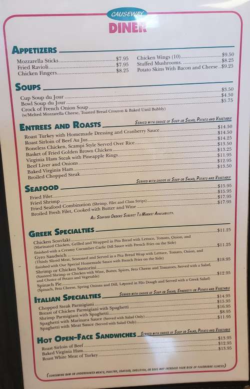 Causeway Diner menu in Merritt Island, Florida, USA