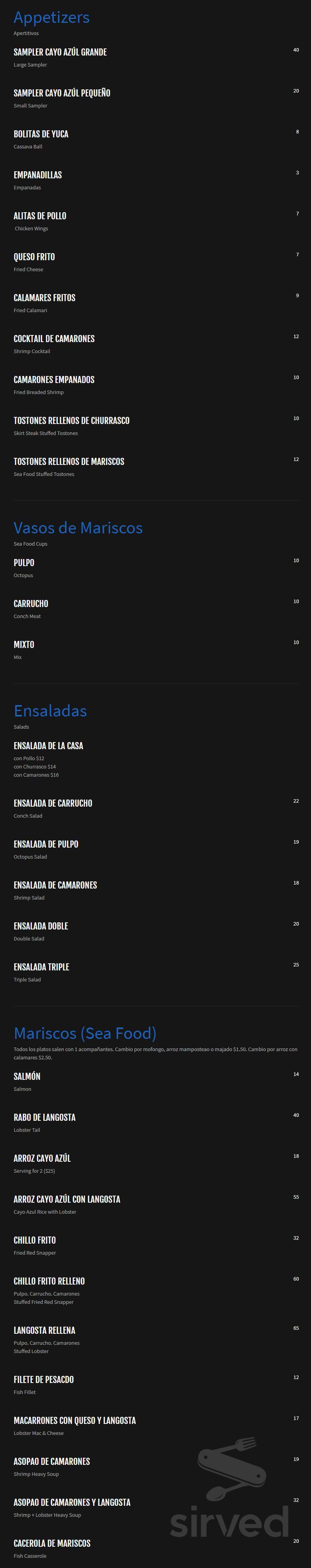 Menu - Buena Ventura Lakes FL's Cayo Azul | Sirved