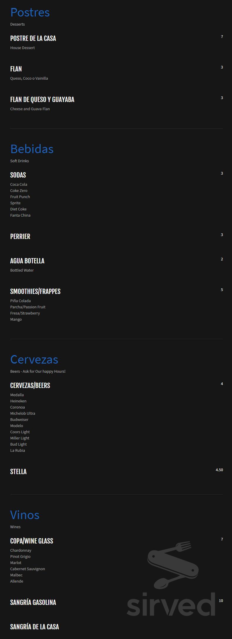 Menu - Buena Ventura Lakes FL's Cayo Azul | Sirved