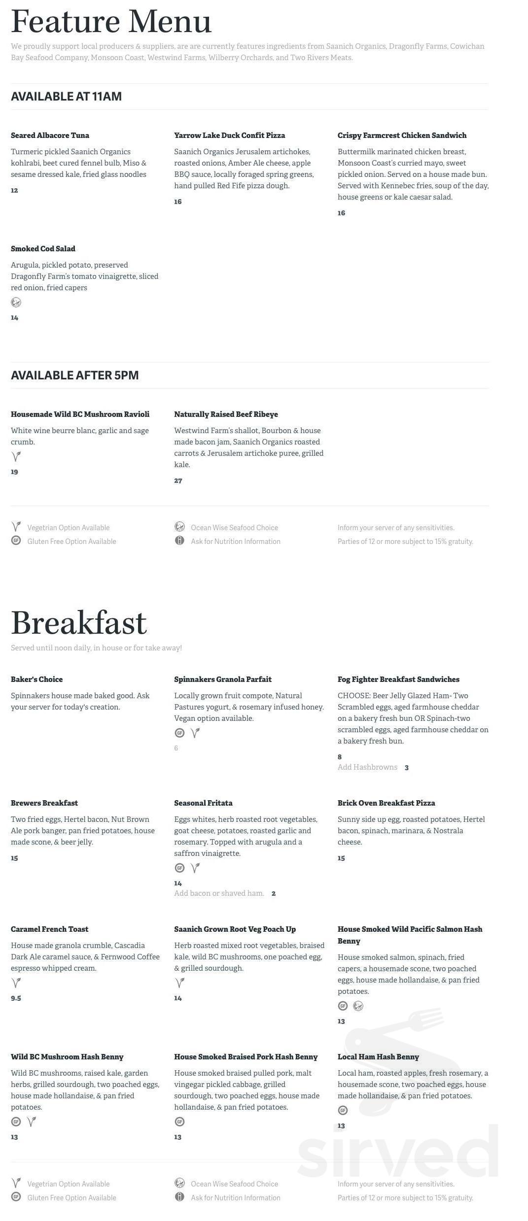 Spinnakers Gastro Brewpub & GuestHouses menu in Victoria, British ...