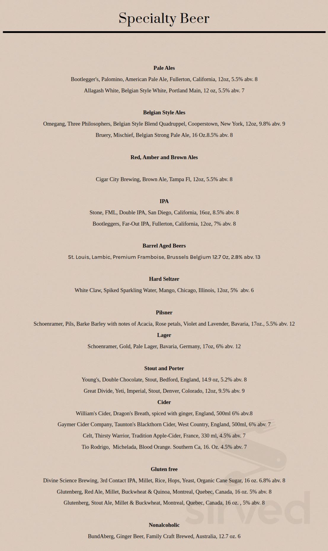 Versai the Wine Bar menu in Yorba Linda, California, USA