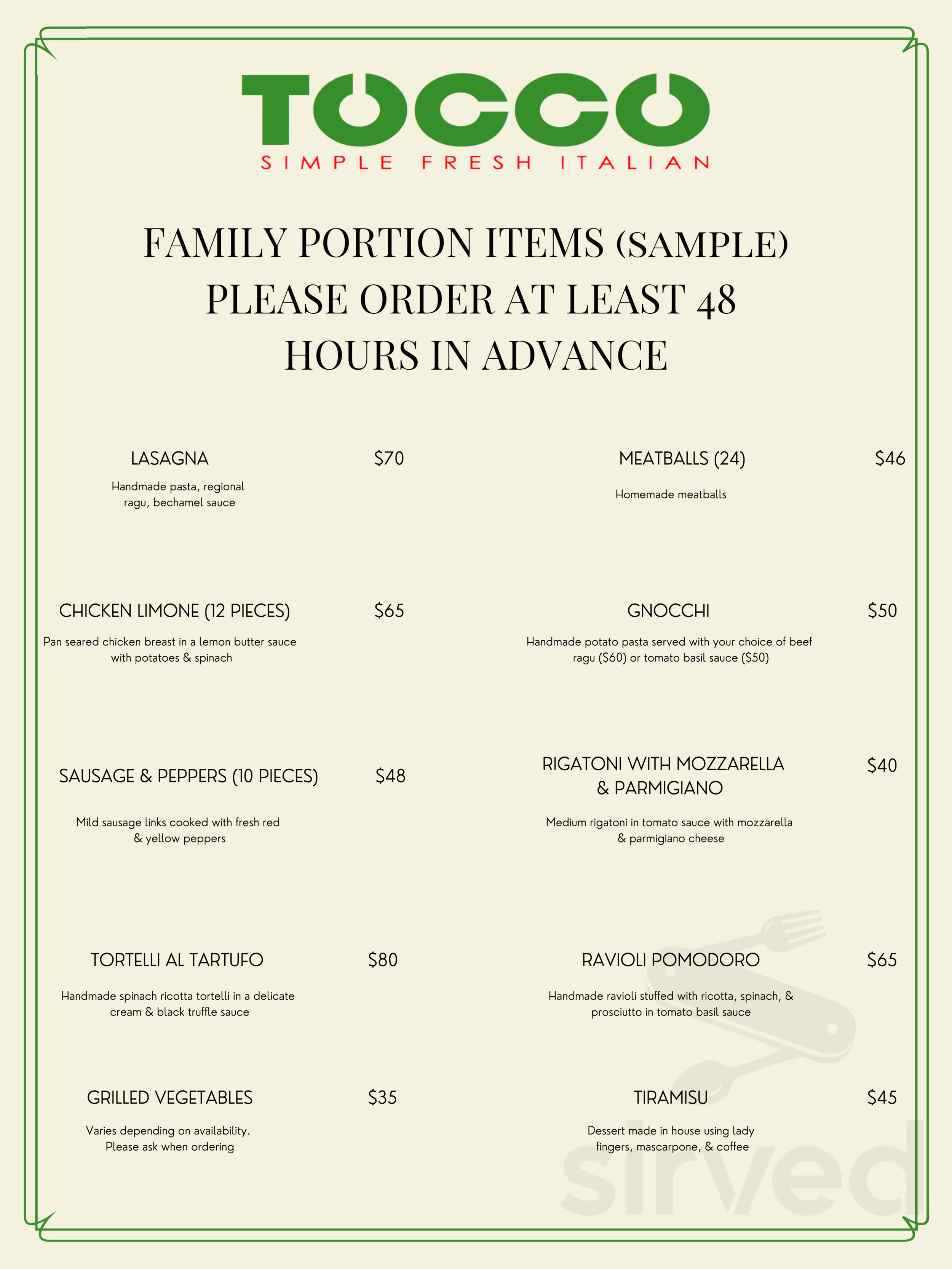 Tocco menu in Winnetka, Illinois, USA